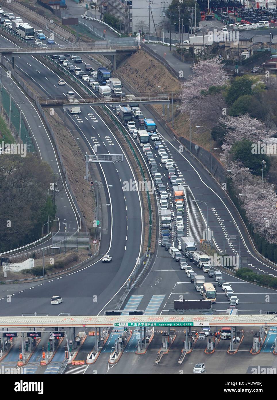 An aerial photo shows traffic jams for vehicles using manned toll gates ...