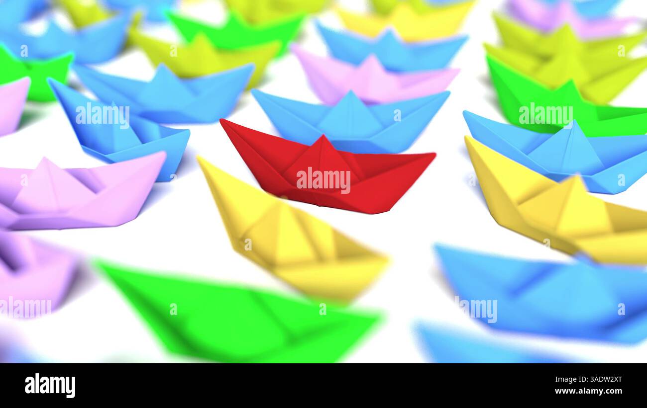 Color paper boats leadership 3d render Stock Photo - Alamy