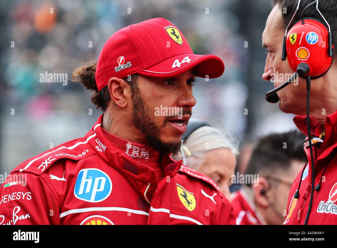 (L to R): Lewis Hamilton (GBR) Ferrari with Riccardo Adami (ITA) Ferrari Race Engineer on the ...