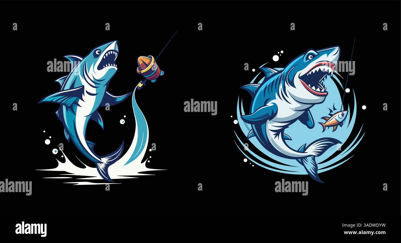 Two Sharks Caught on Fishing Line, a Thrilling Illustration Stock ...