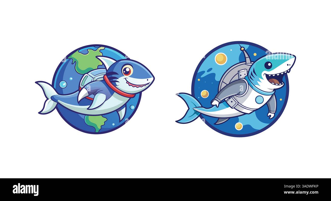 Cute shark astronaut exploring space and Earth Stock Vector Image & Art ...