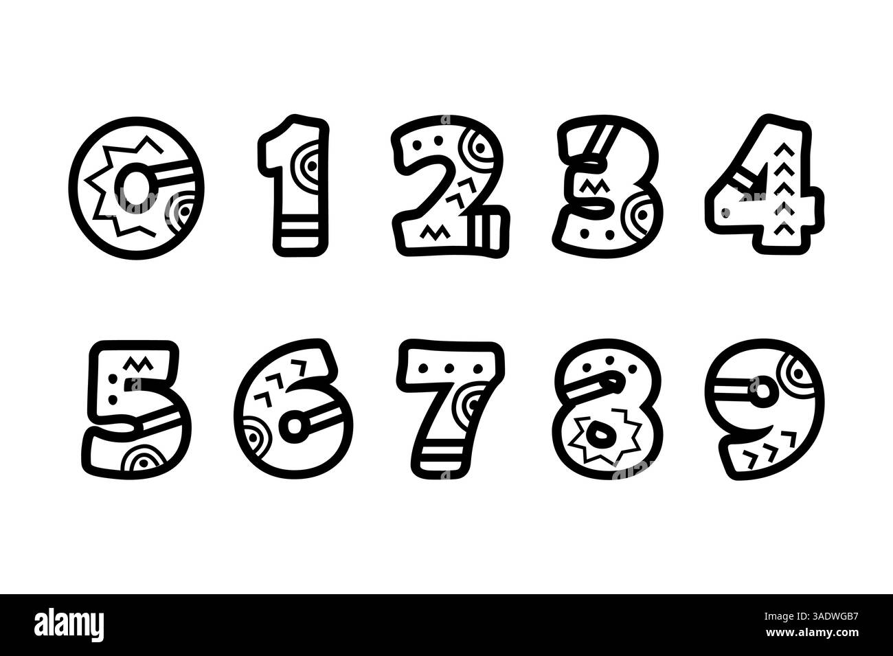 Vector Hand drawn Folk Tribal Numbers Set, figures 0-9. Decorative ...