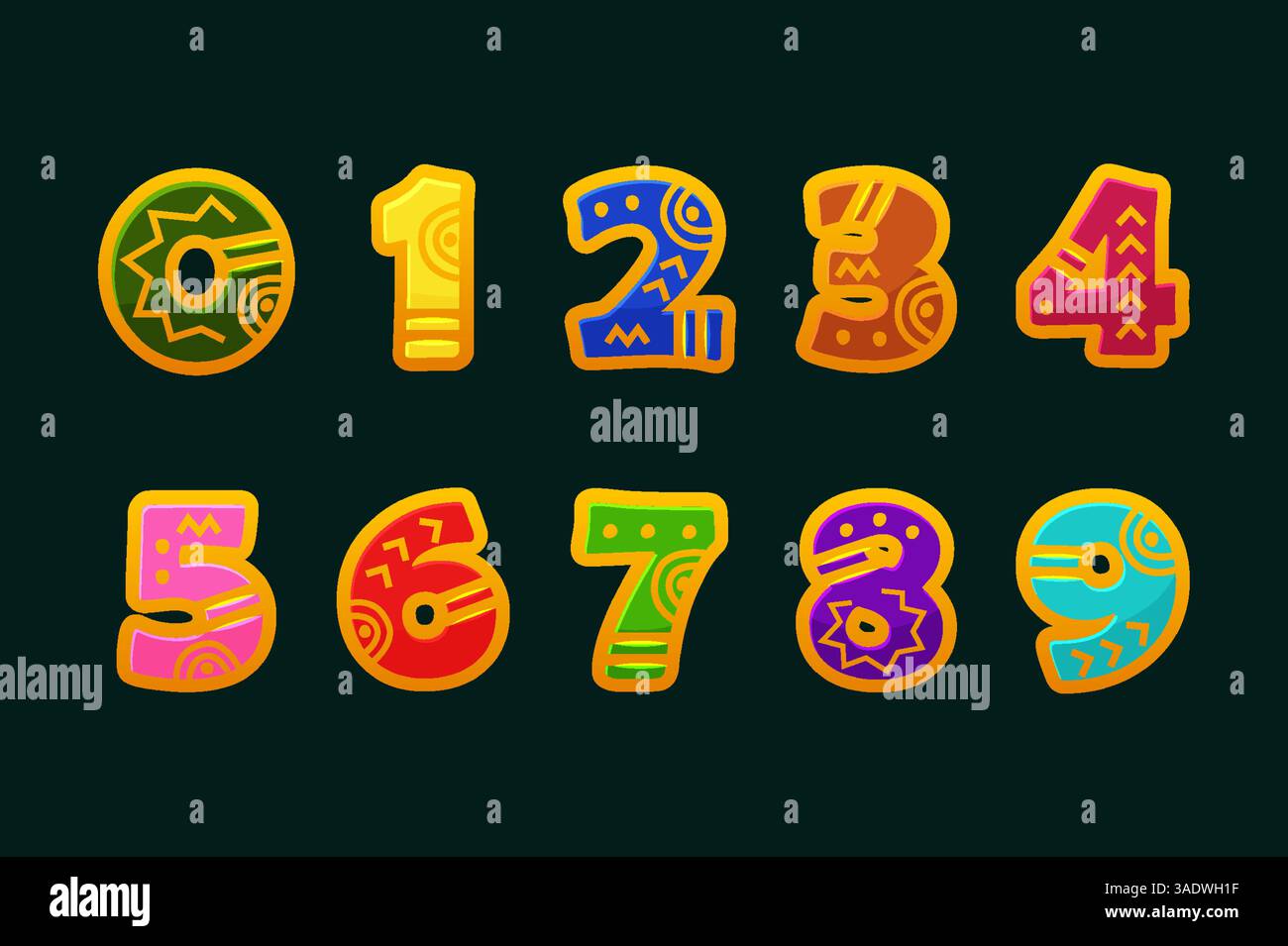 Vector Colored Numbers Set, figures 0-9. Decorative Count Signs. Aztec ...