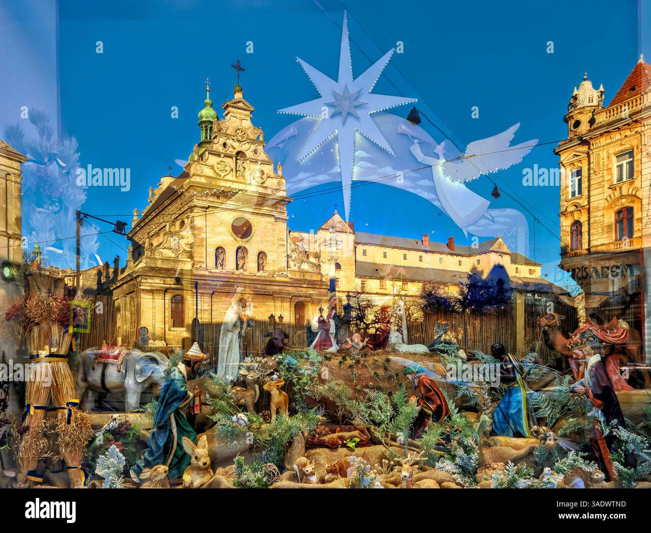 Nativity scene in showcase, with Bernardine church and monastery ...