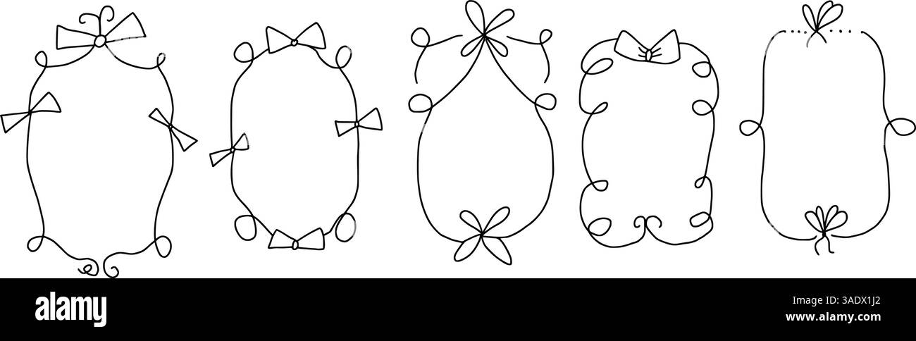Doodle coquette frames with bows. Vintage scribble line wavy border ...