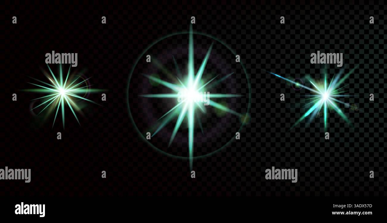 Glint flare light effect. Glow green stars set with circular reflection ...