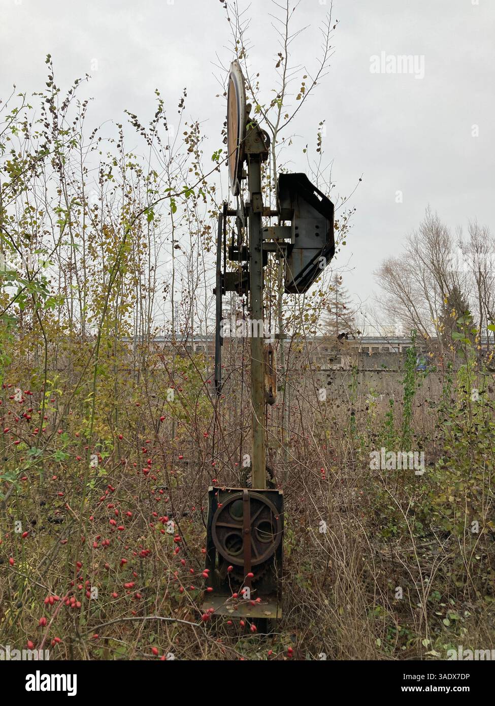 Old abandoned railway signal infrastructure overgrown landscape view of ...