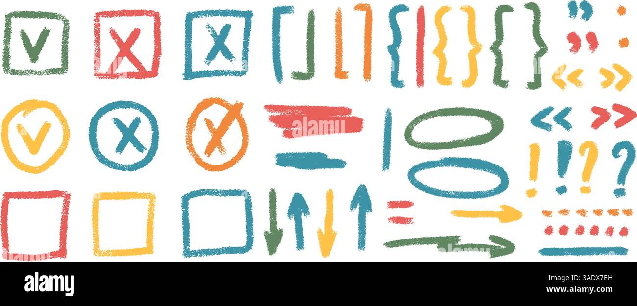 Check marks, arrow doodle set. Crayon underlines, quotation marks ...