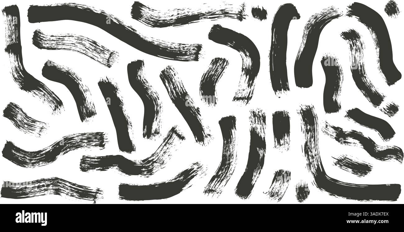 Charcoal wavy brush stroke lines. Hand drawn black ink vector long ...