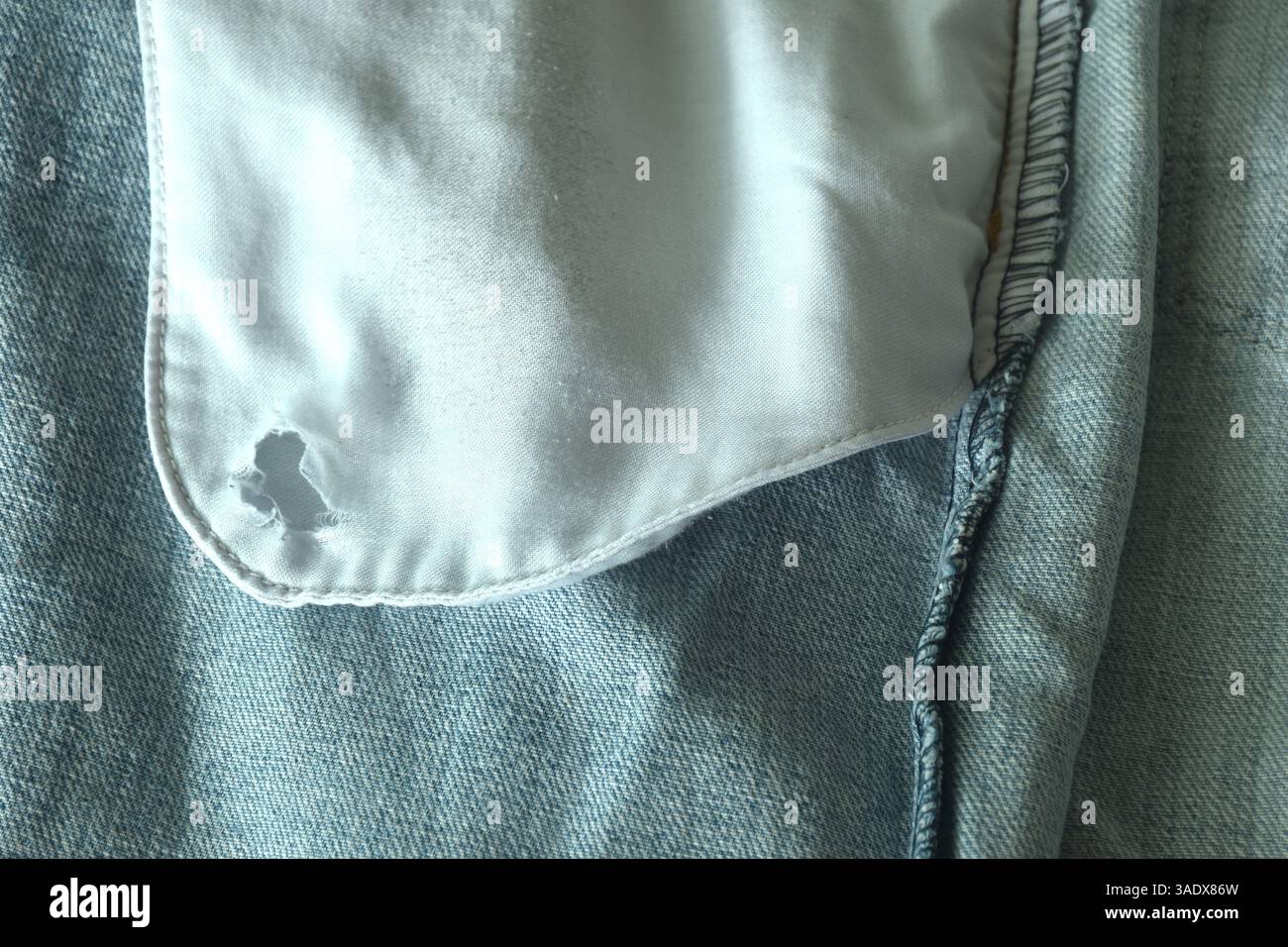 tear on side pocket jean pant fabric texture and background Stock Photo ...