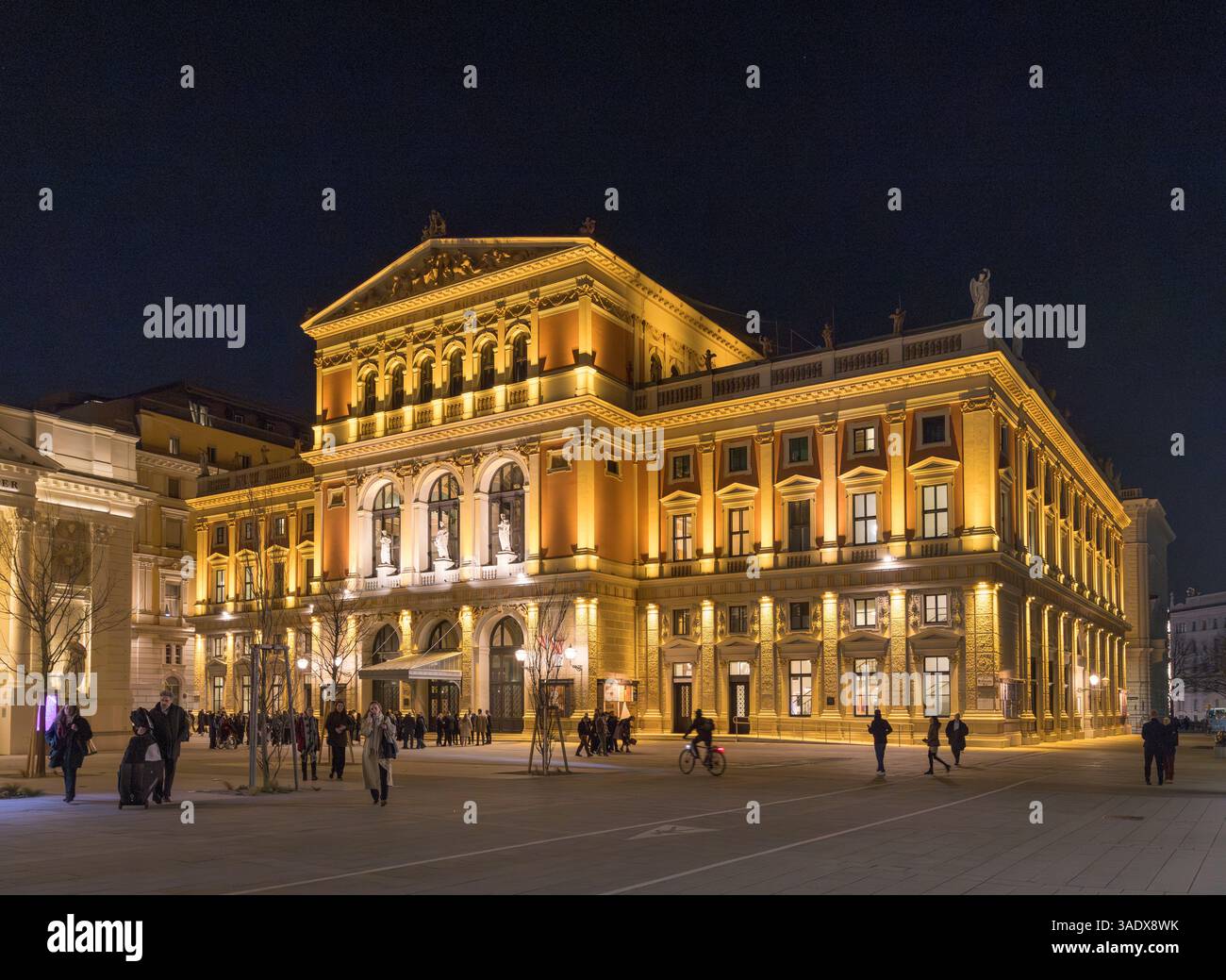 exterior floodlit at night, Wiener Musikverein concert hall, Vienna ...
