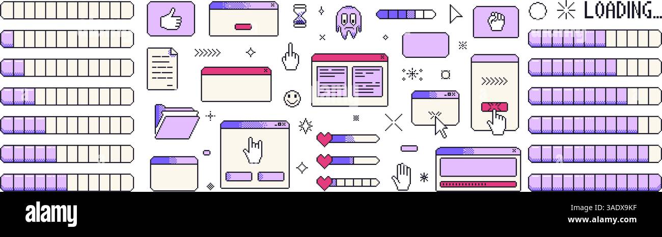 Pixel art windows interface vintage. 8 bit browser and menu elements with cursors and loading ...
