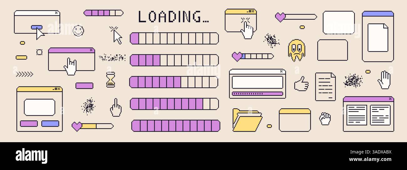 Pixel art loading bar. Windows interface vintage. 8 bit browser and menu elements with cursors ...