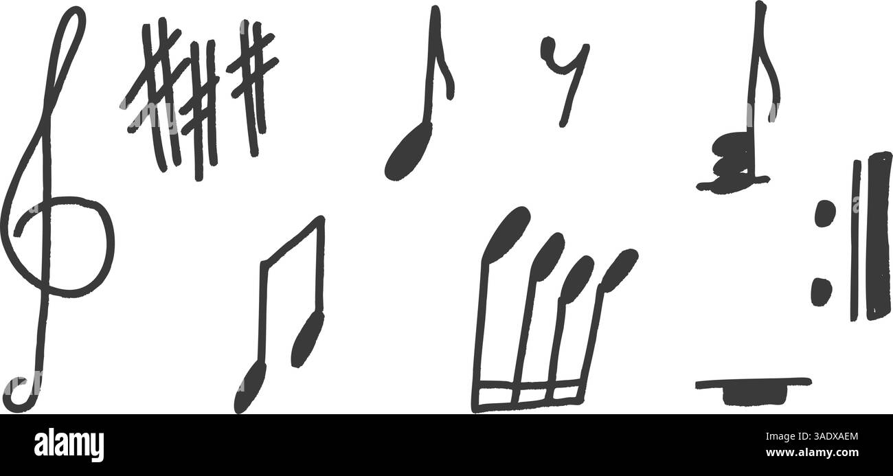 Note music crayon drawn set. Doodle elements. Grunge music shapes ...
