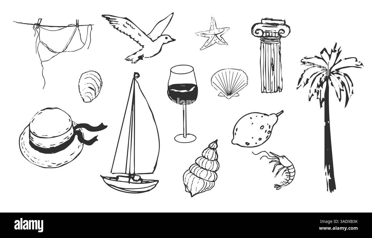 Summer seashore greek sea tourism, rest sketch drawing. Line hand drawn ...