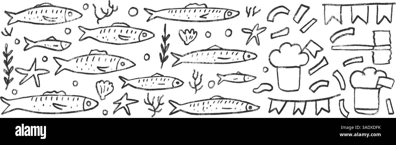 Fishes line doodle set. Santos populares festival set. Manjerico ...