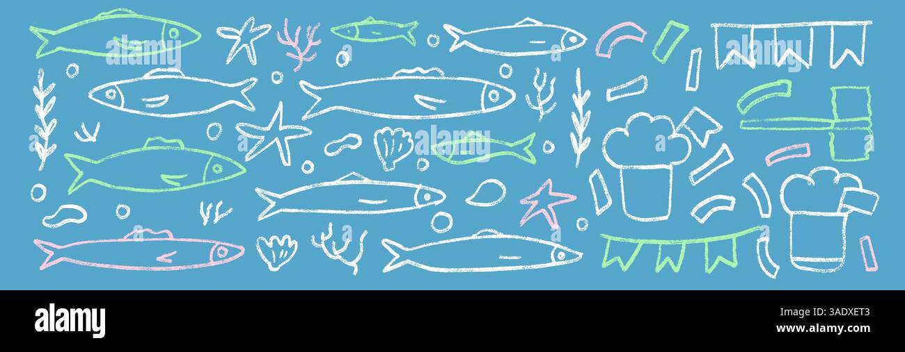 Fishes line doodle set. Santos Populares festival. Sardines hand drawn ...