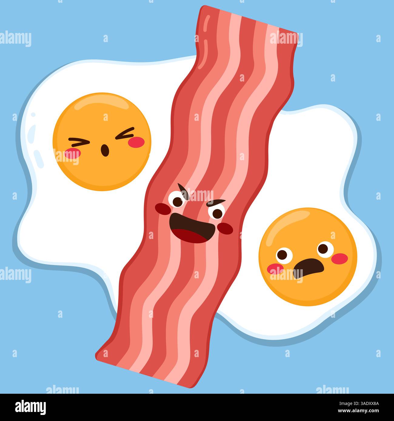 Cute couple of eggs with sad expression and bacon slice in the middle ...