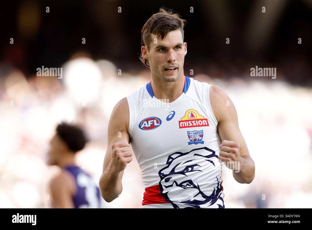 Sam Darcy of the Bulldogs celebrates after kicking a goal during the ...