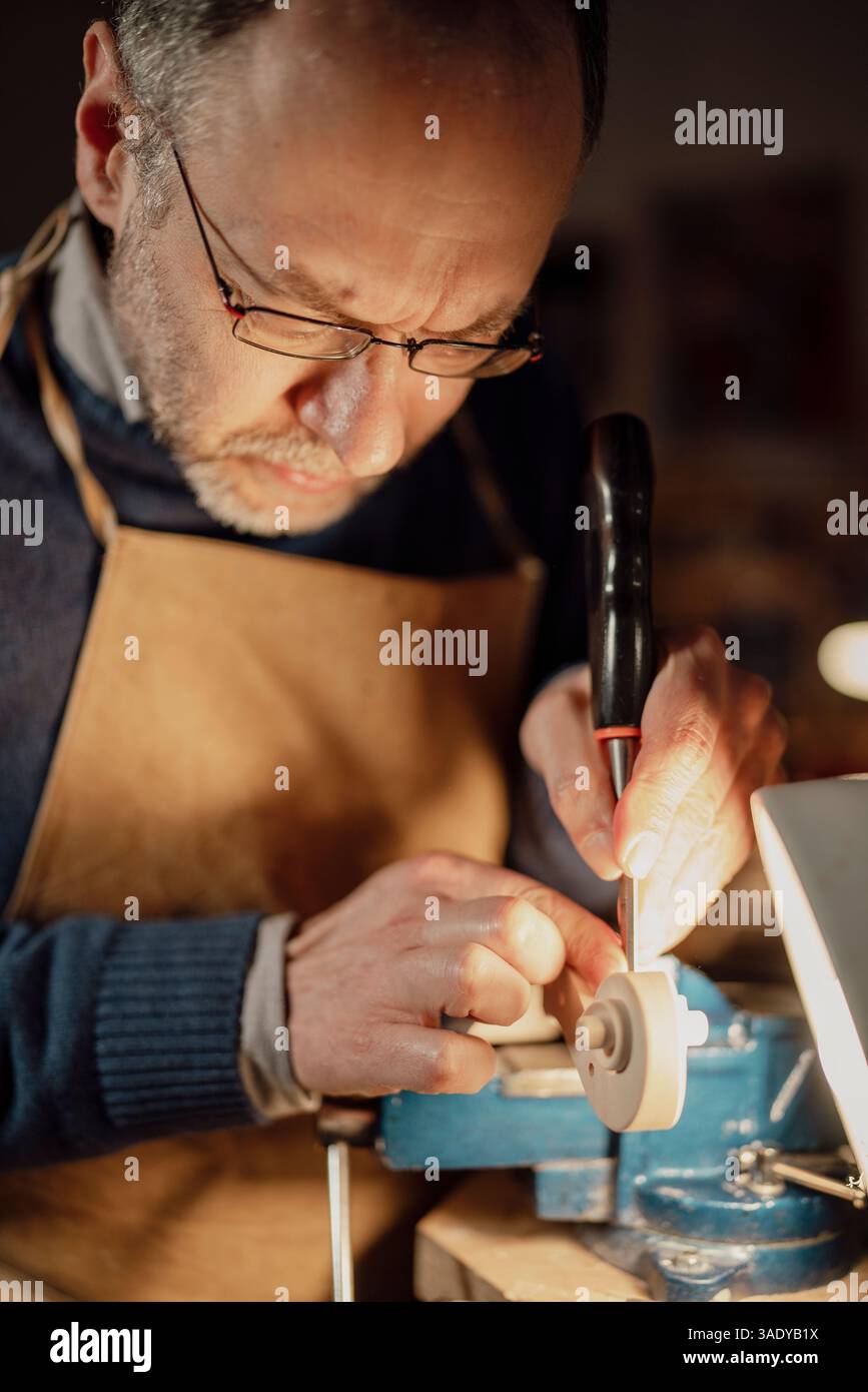 Cremona, Italy February 6th 2025 Maestro Liutaio Luca Tenore Luthier ...