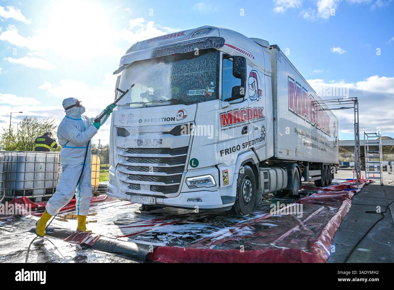 Disinfection of a truck at the border crossing of the D2 motorway ...