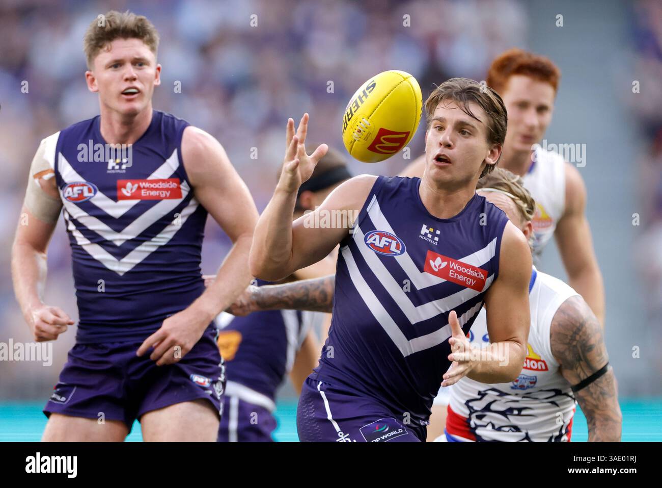 Perth, Australia. 06th Apr, 2025. Caleb Serong of the Dockers collects ...