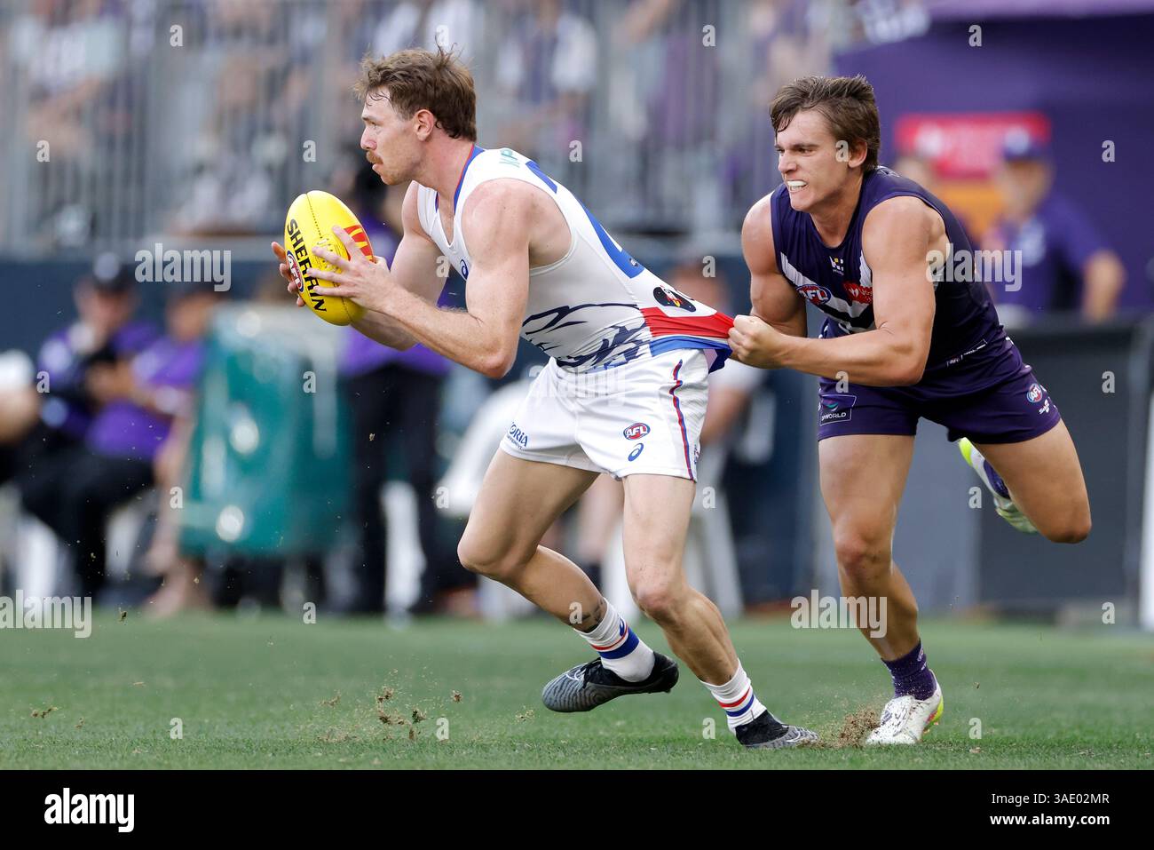 Perth, Australia. 06th Apr, 2025. Lachlan Bramble of the Bulldogs is ...