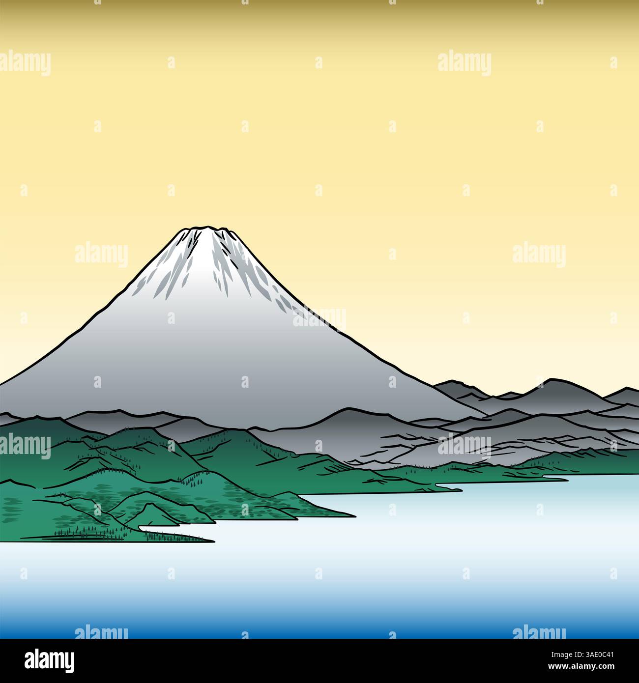 View of Mount Fuji and Suruga Bay, in the style of Japanese woodblock ...