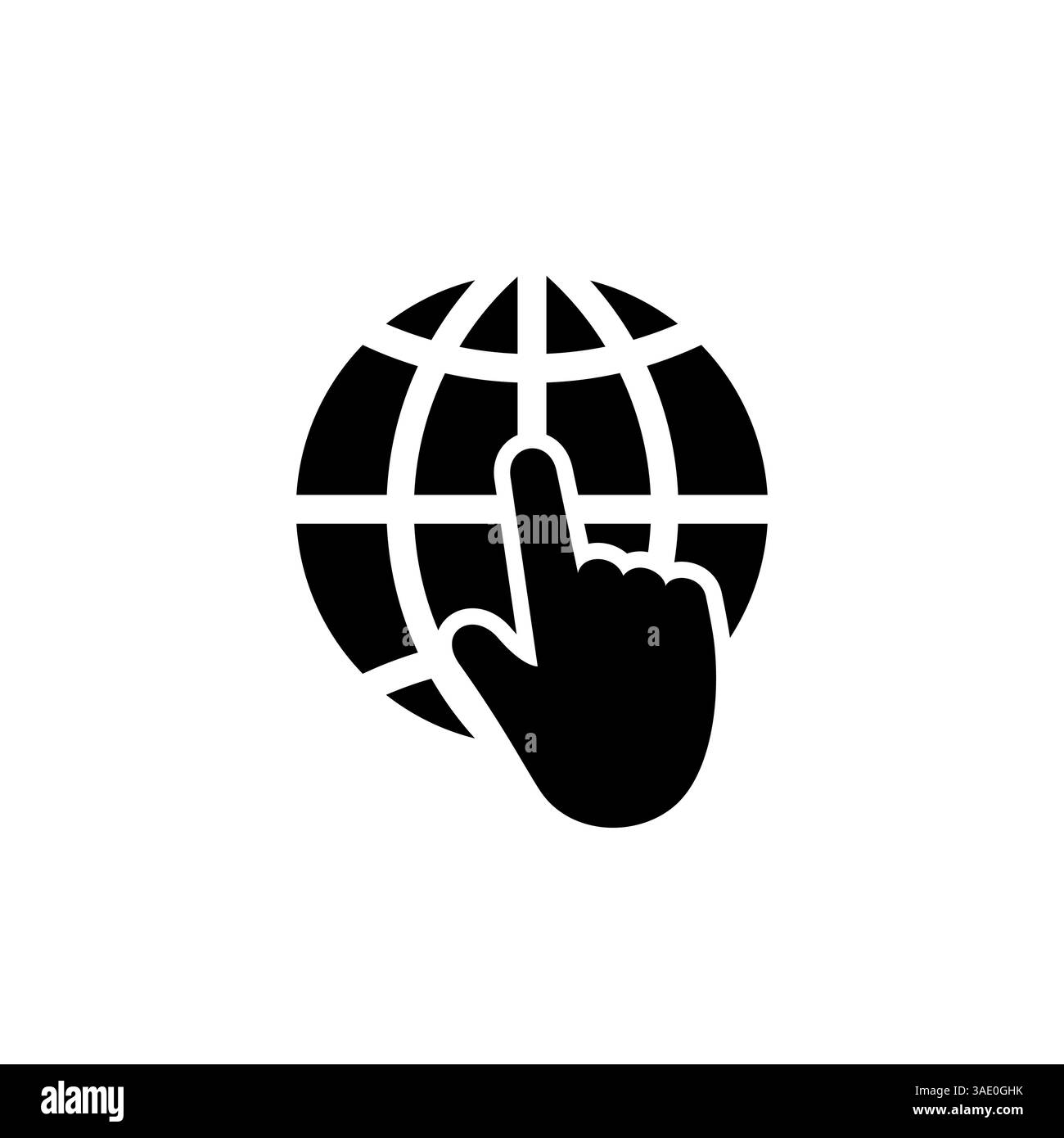 globe and pointing hand in black on white background, geolocation or ...
