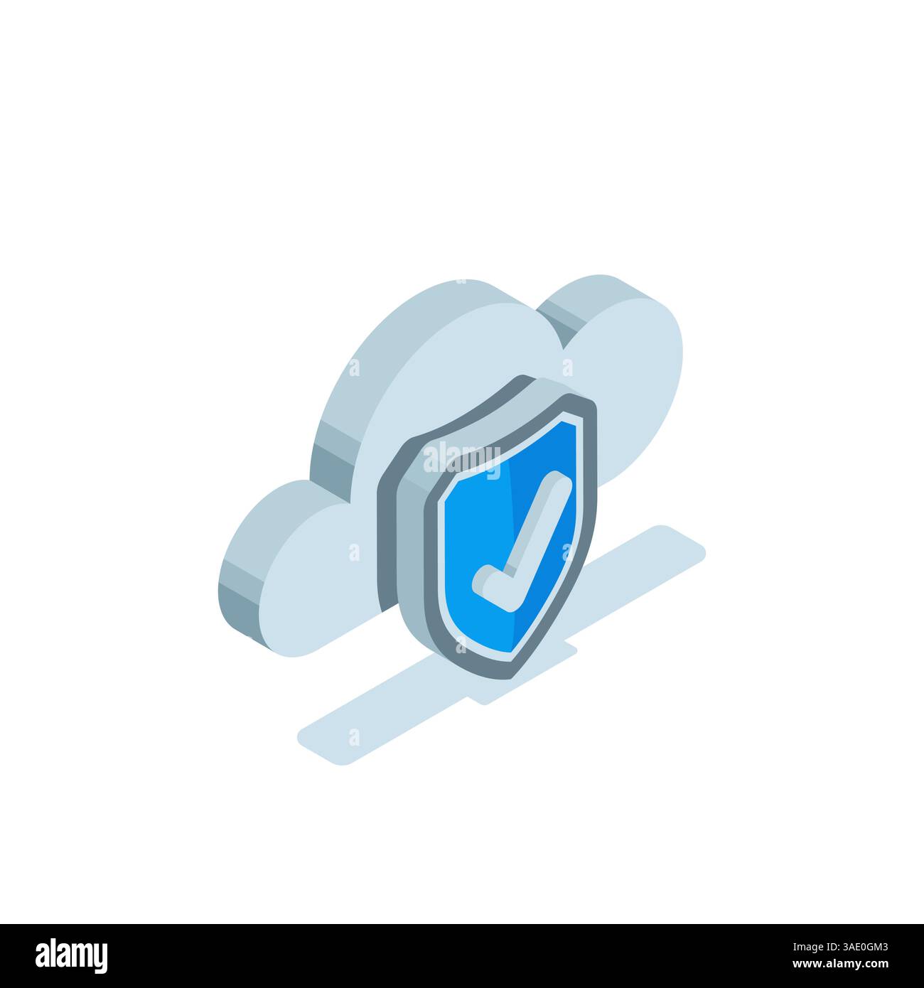 isometric cloud icon with shield and check mark in color on a white background, successful ...