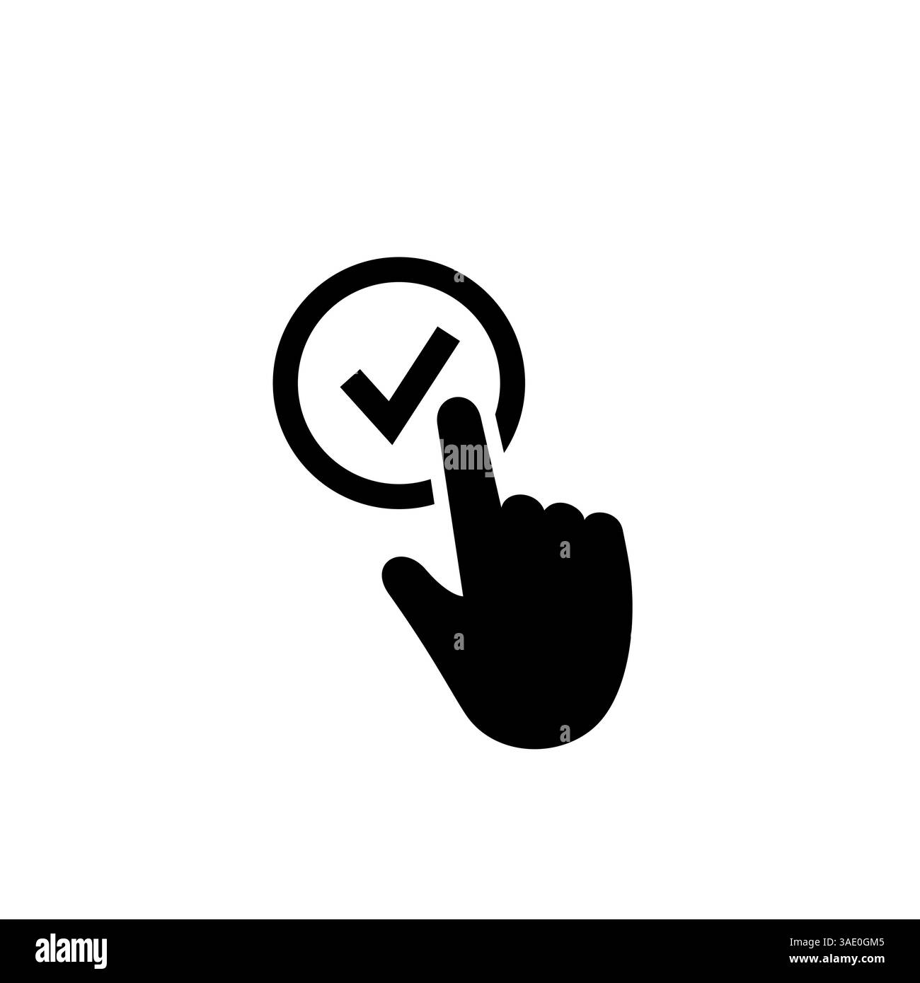 hand and checkmark icon in black color on a white background, approve ...