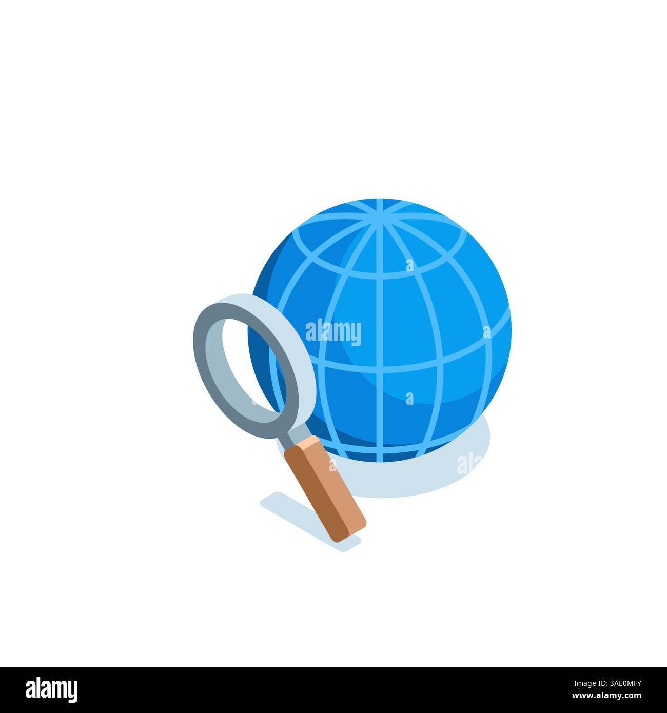 isometric magnifier and globe icon in color on a white background ...