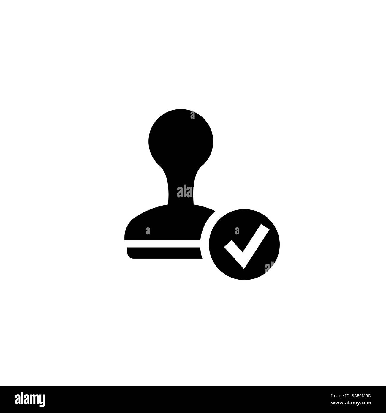 stamp icon and checkmark in black on white background, approve or ...