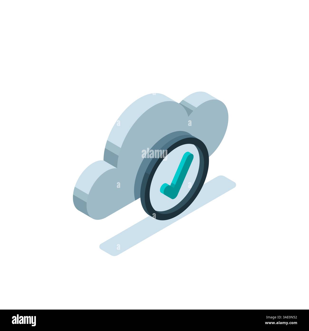 isometric cloud icon with a check mark in color on a white background, successful data upload or ...