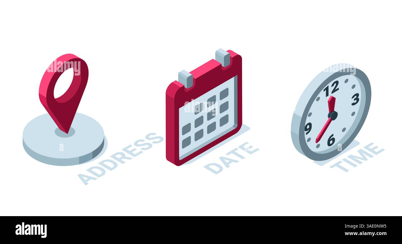 isometric calendar icons with clock and location on white background ...