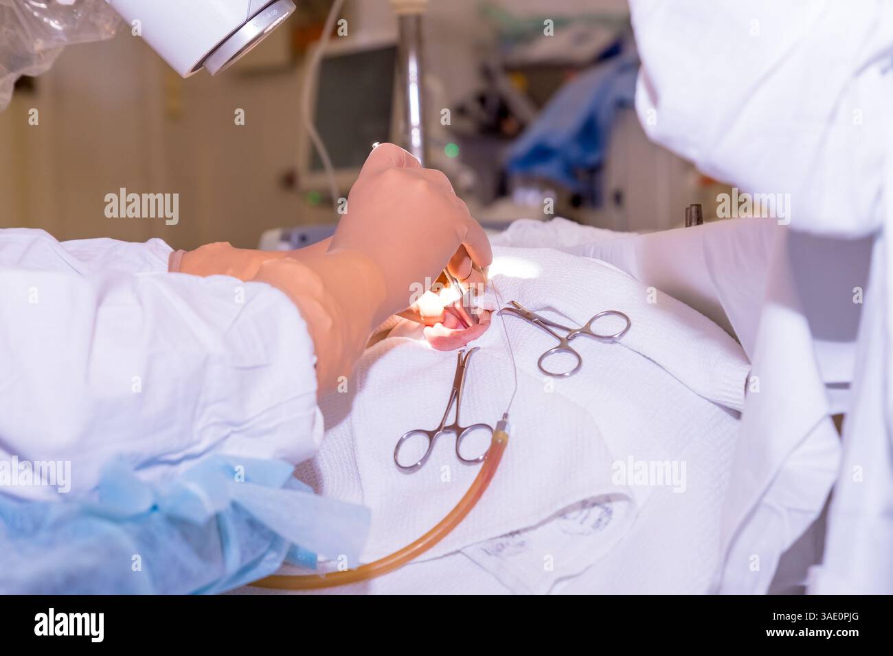 A close-up of an ear surgery being performed in a sterile operating ...