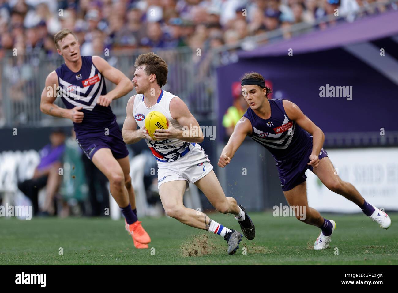 Perth, Australia. 06th Apr, 2025. Lachlan Bramble of the Bulldogs runs ...