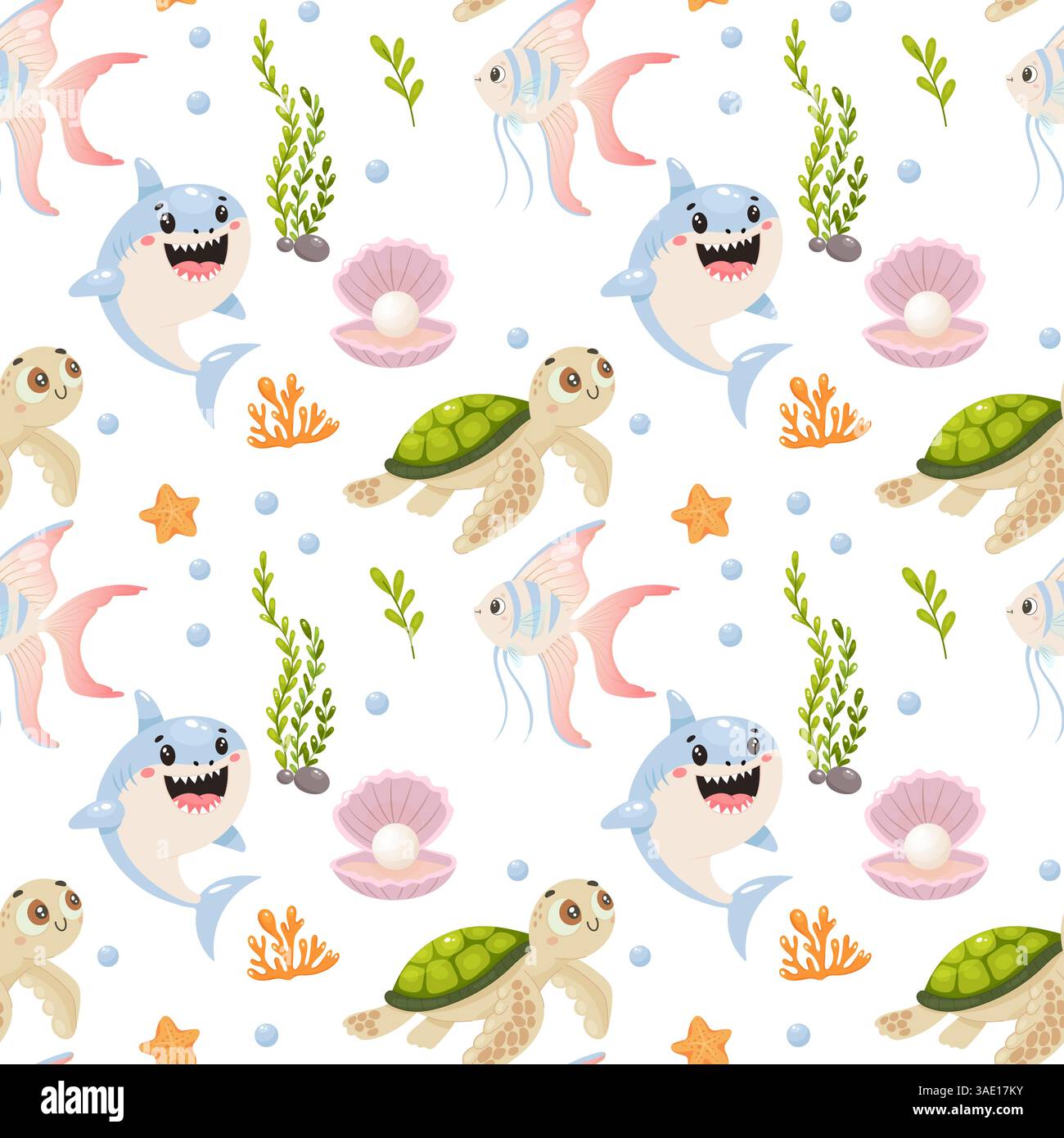 shark turtle fish sea pattern cute marine seamless ocean repeat ...