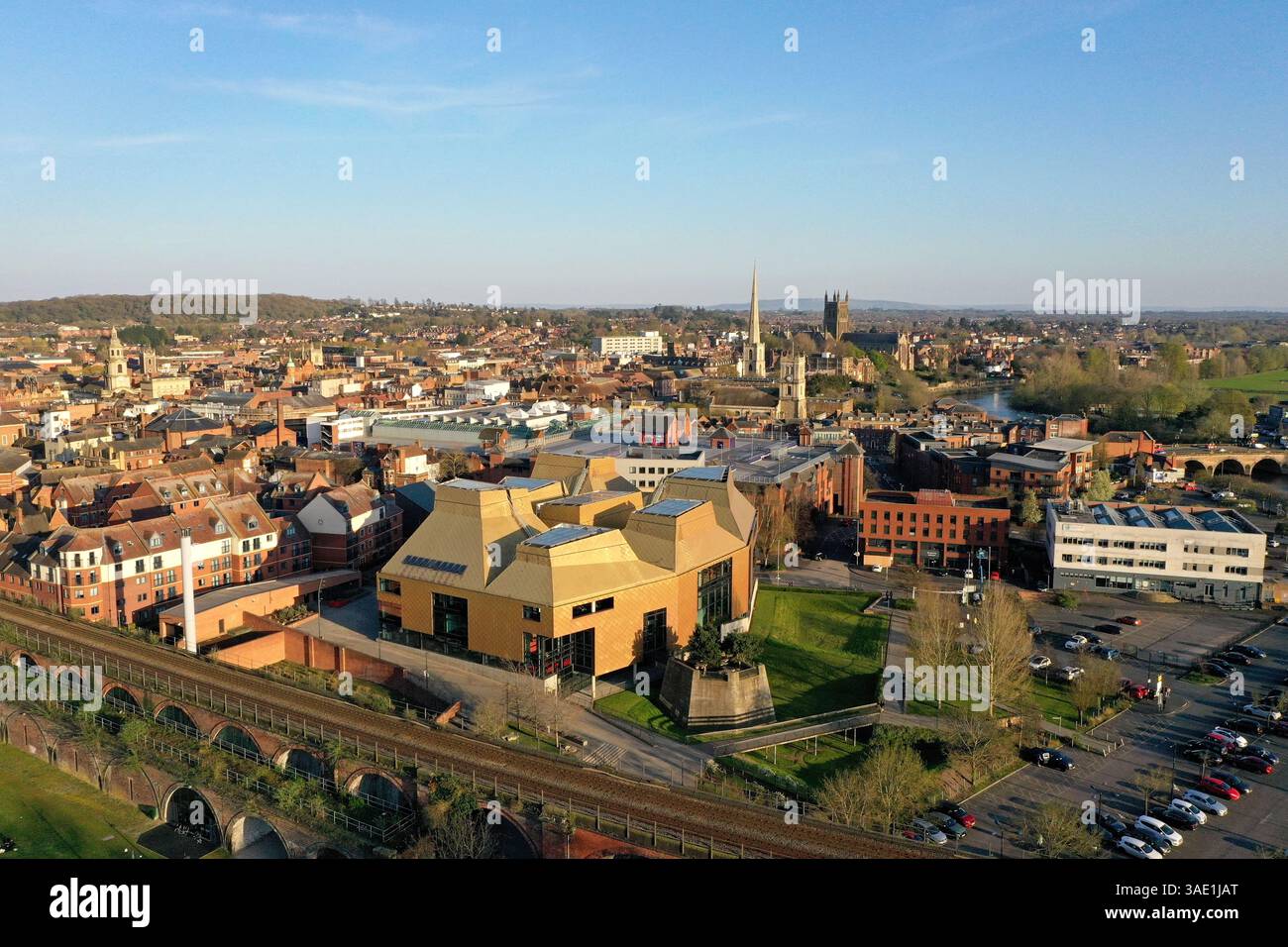 Drone aerial photo of Worcester city centre, showing The Hive, an award ...