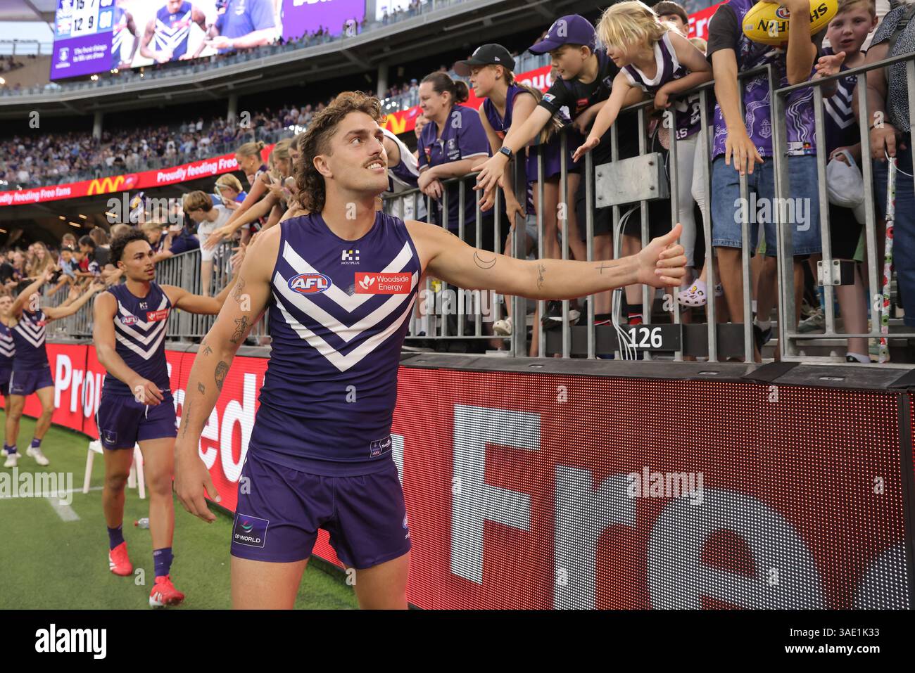 Luke Jackson of the Dockers greets fans after winning the AFL Round 4 ...