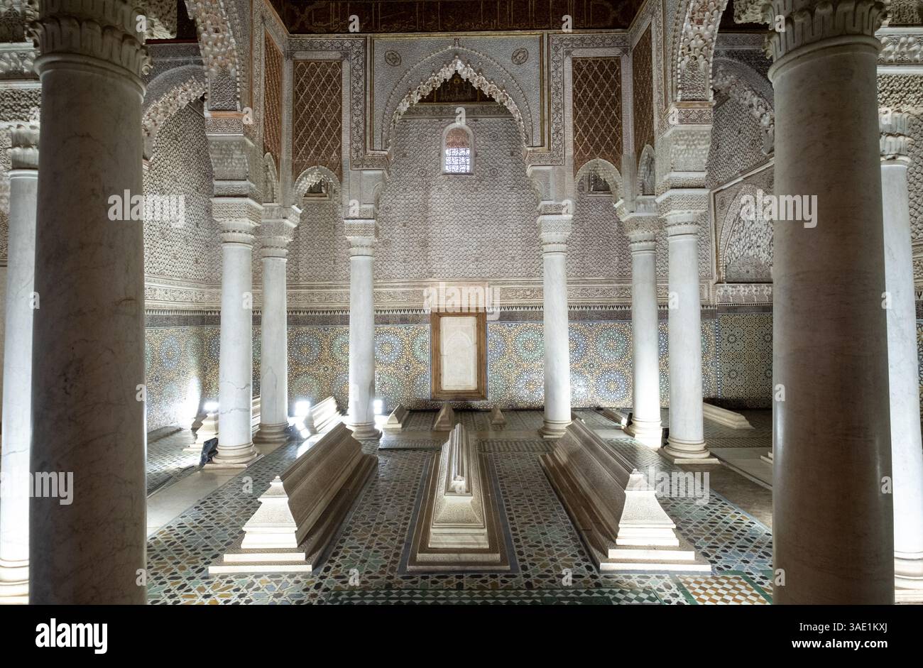 The ornate Saadian Tombs mausoleum, historic royal necropolis, in the royal kasbah district of ...
