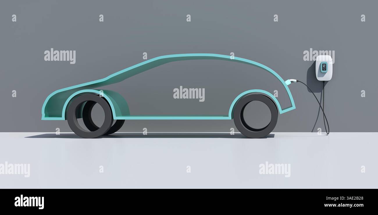 Charging an Electric Vehicle concept. A stylized car attached to a home ...