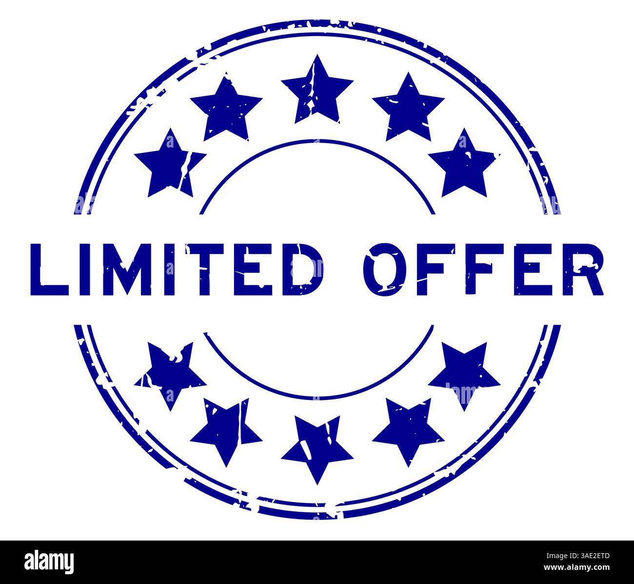Grunge blue limited offer word with star icon round rubber seal stamp ...