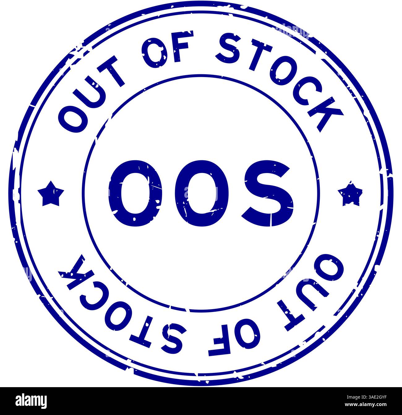 Grunge blue OOS out of stock word round rubber seal stamp on white ...