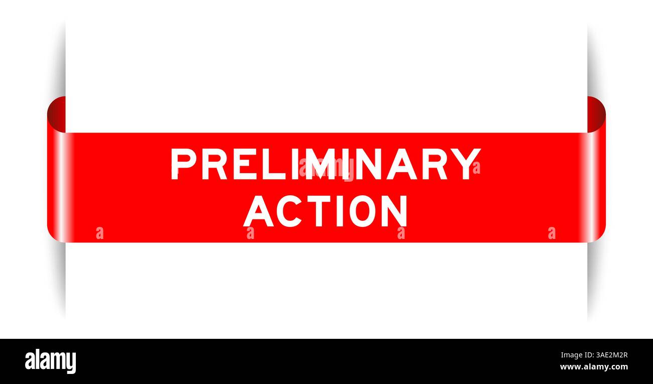 Red color inserted label banner with word preliminary action on white ...