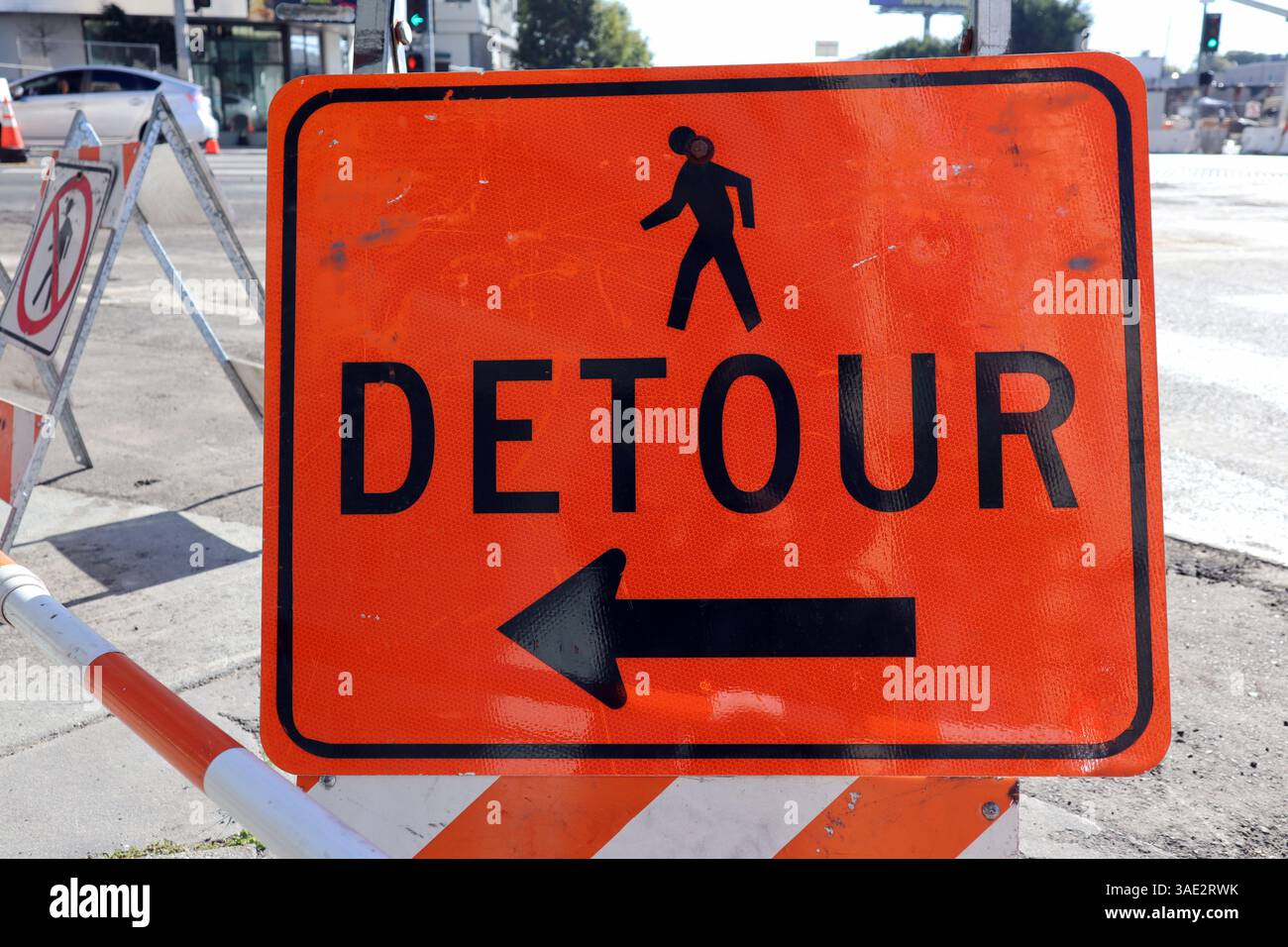 Pedestrian Detour sign indicating sidewalk closure and alternate ...