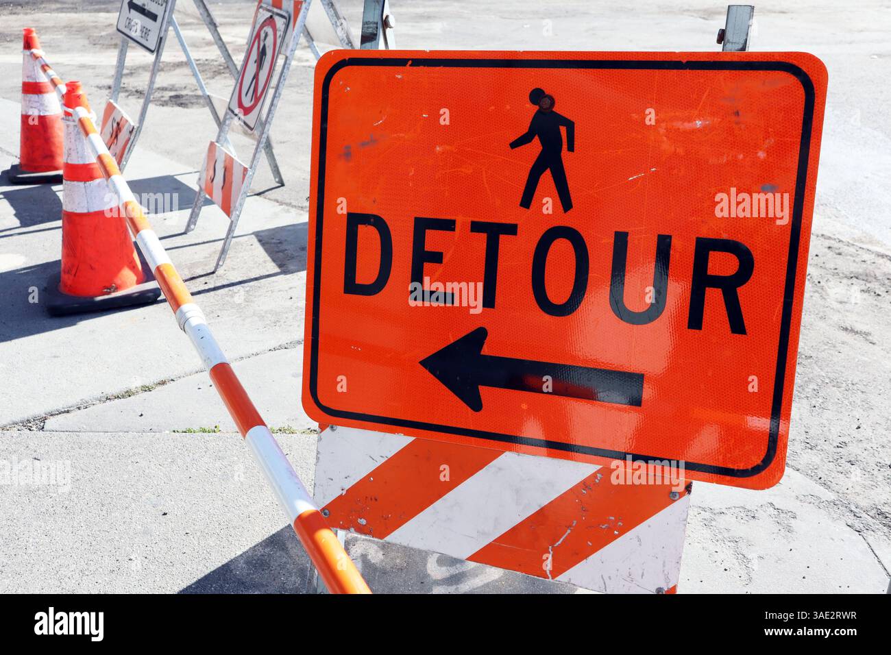 Pedestrian Detour sign indicating sidewalk closure and alternate ...