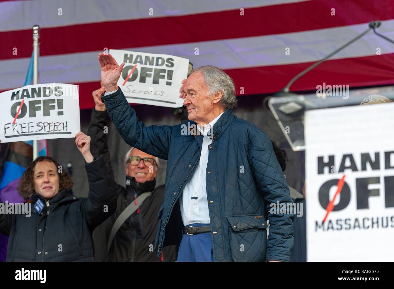 Massachusetts Senator Ed Markey, speaking on stage at the Hands Off ...