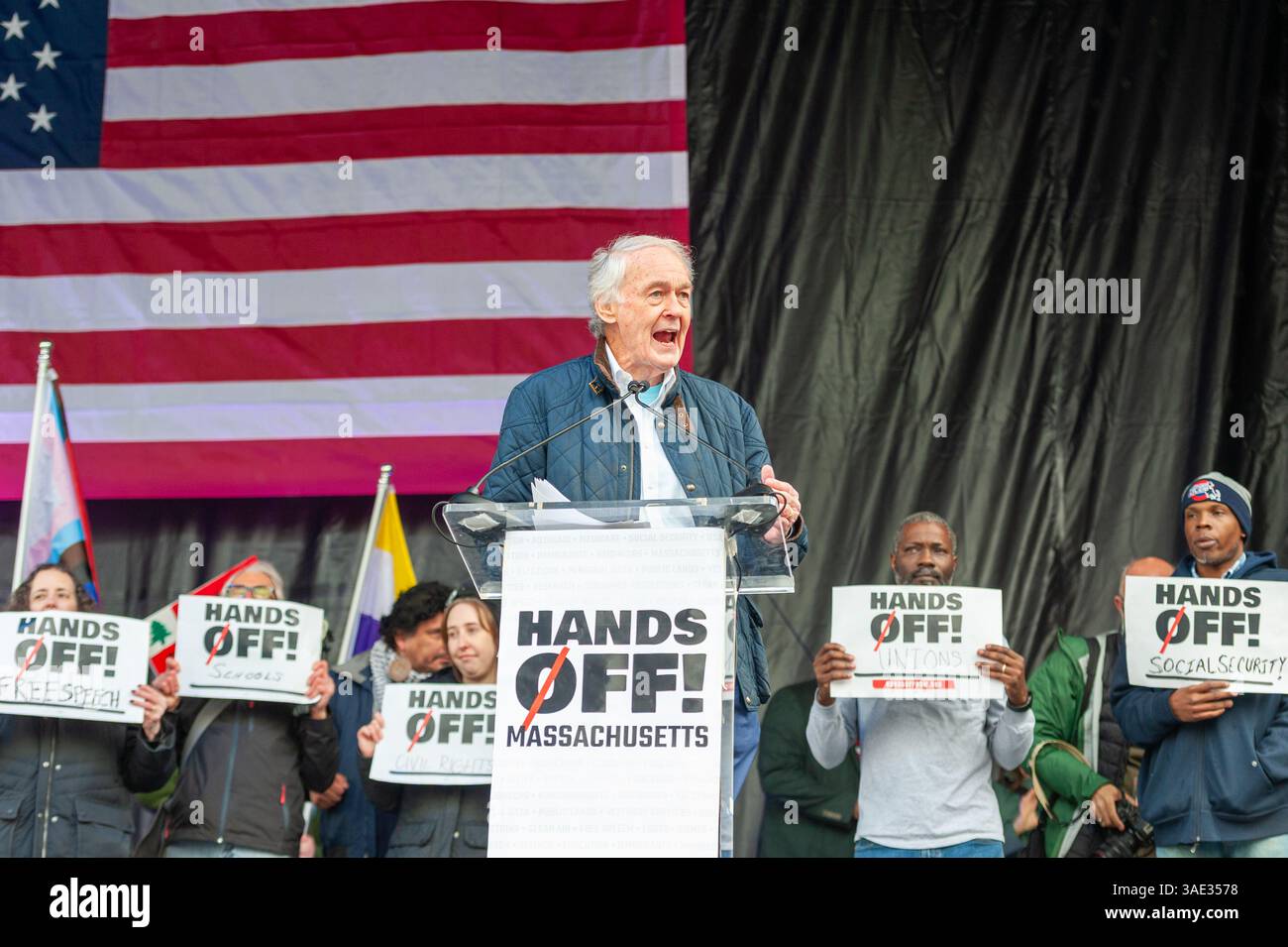 Massachusetts Senator Ed Markey, speaking on stage at the Hands Off ...