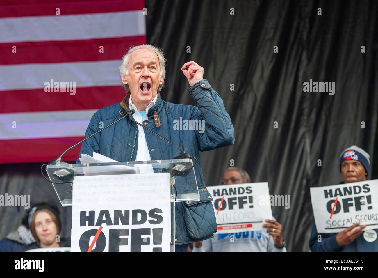 Massachusetts Senator Ed Markey, speaking on stage at the Hands Off ...